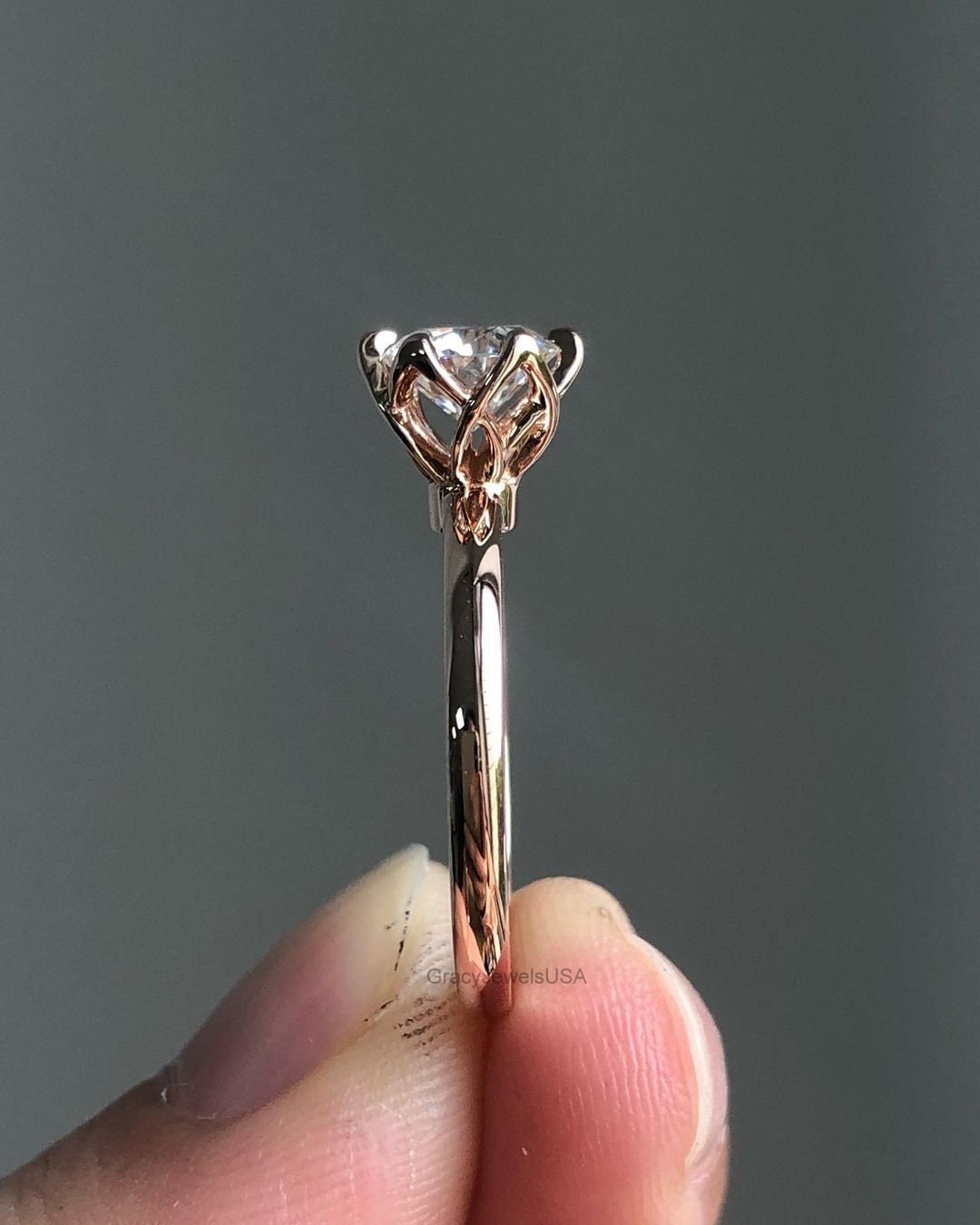 Round Diamond Ring Tulip Basket Ring Custom Crafted by 14k Yellow Gold ...