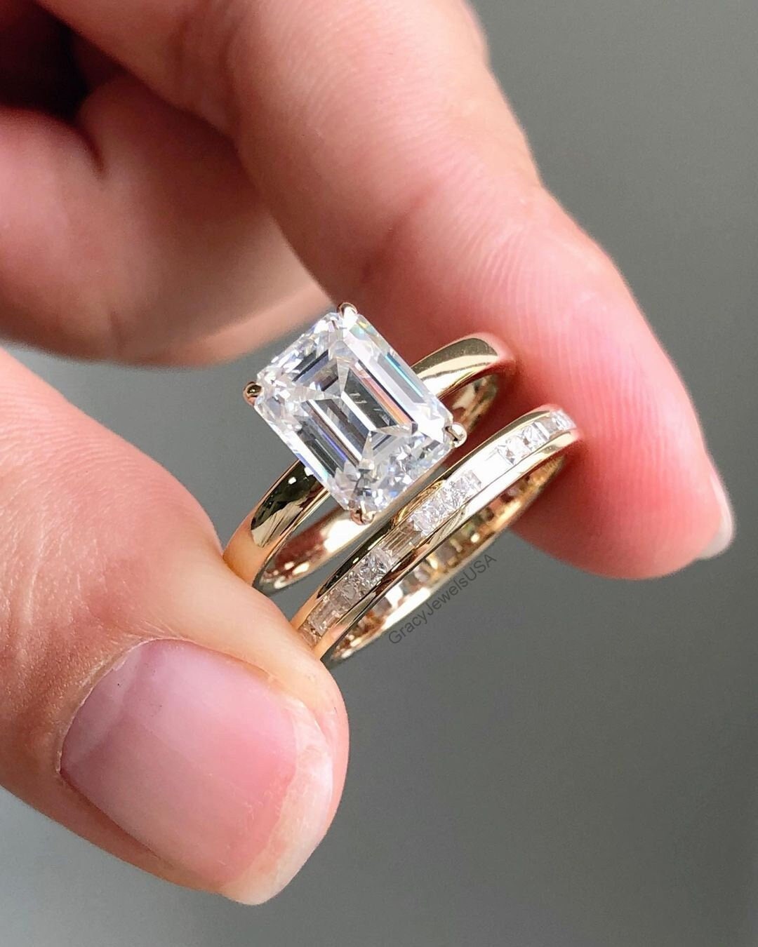 Emerald Cut Diamond Ring Set Wedding Ring Set Elegant Jewelry in Rose ...
