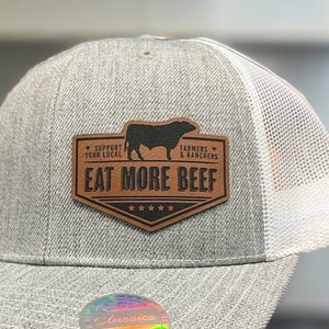 Cattle Rancher Hat- Eat More Beef Cow Trucker Leather Patch Snapback ...