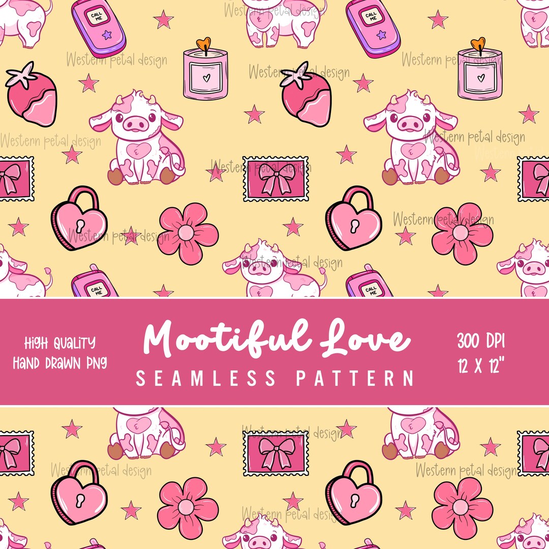 Pink Cow Seamless Pattern, Valentine's Day Fabric Design, Kawaii ...