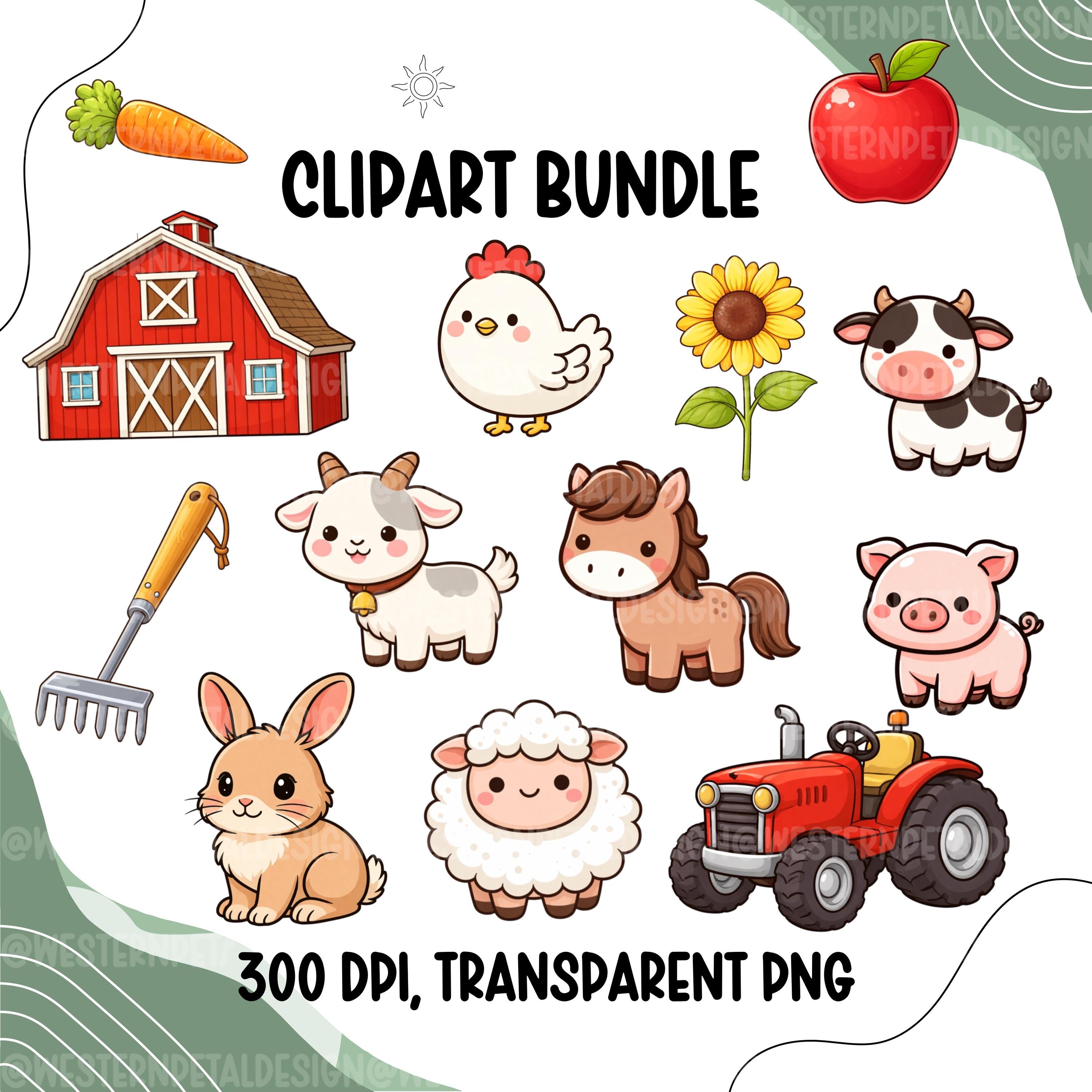 Farm Animal Clipart Bundle PNG | Cute Barnyard Animals Cow Pig Chicken ...