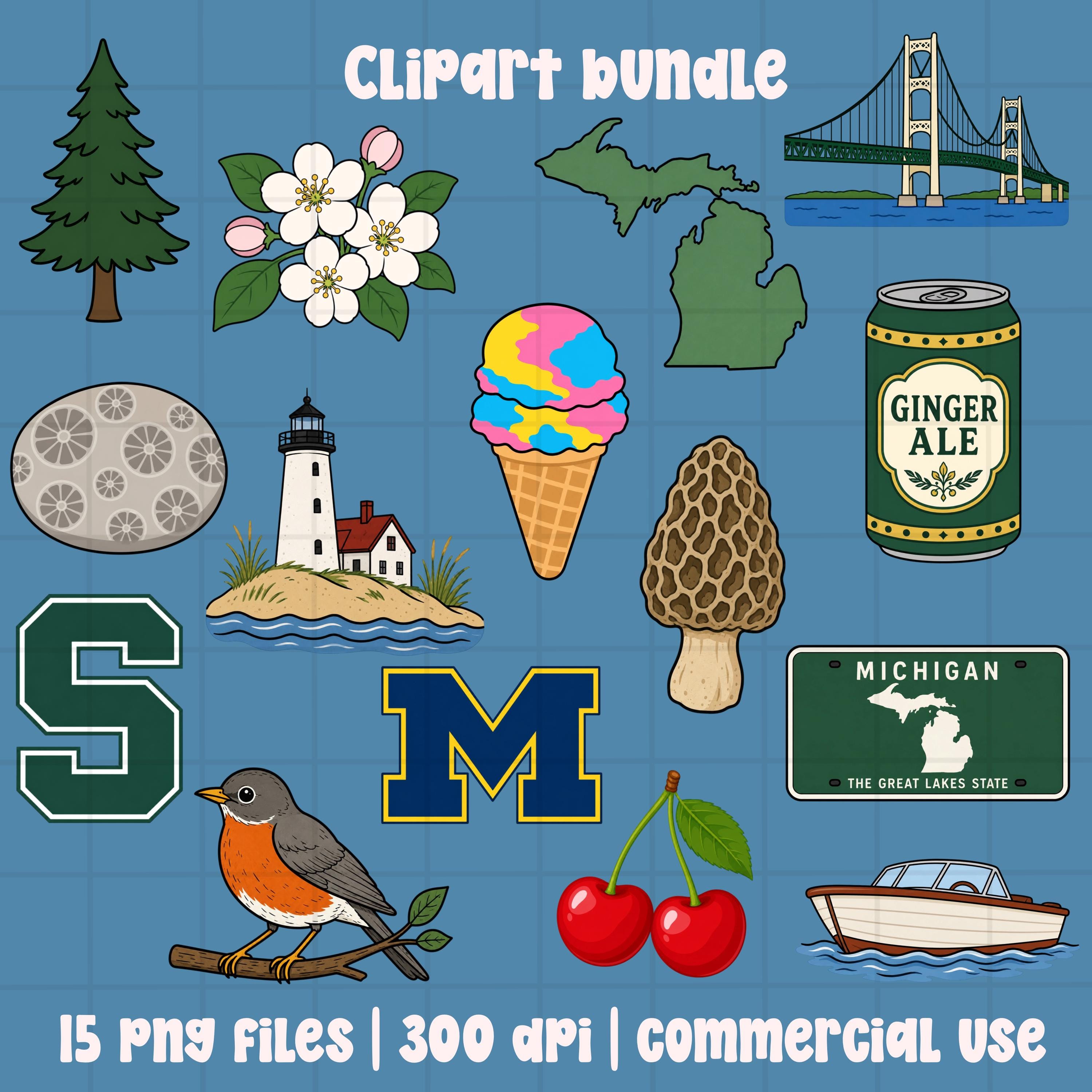 Michigan Clipart Bundle PNG, Michigan Icons Clipart, Mackinac Bridge ...