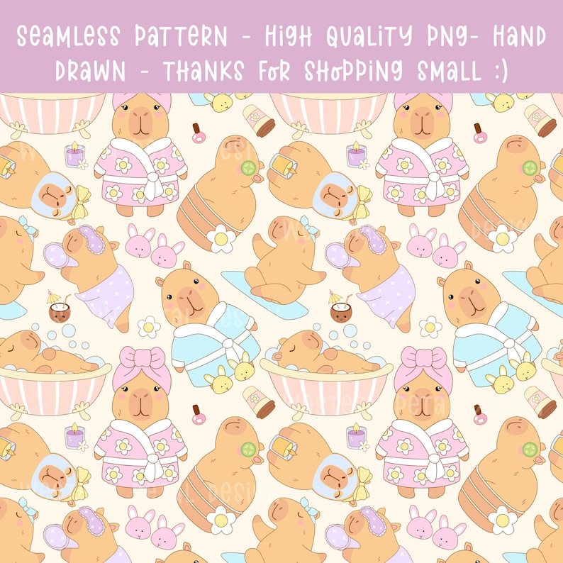 Capybara Spa Day Seamless Pattern | Nursery Decor PNG (12x12 300 DPI ...