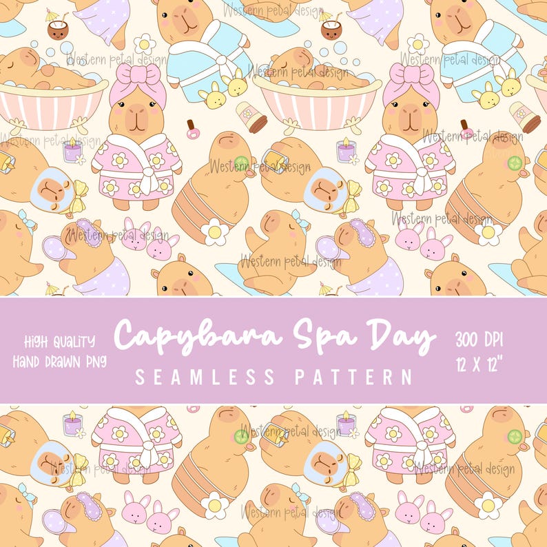Capybara Spa Day Seamless Pattern | Nursery Decor PNG (12x12 300 DPI ...