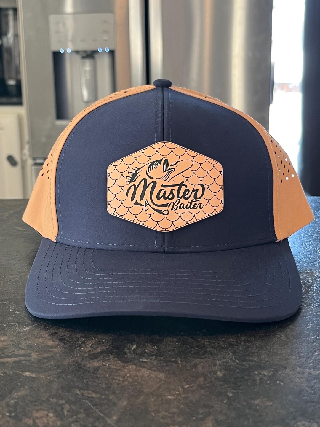 Funny Fishing Hat Master Baiter Trucker Leather Patch Hat Snapback Ball Cap Tan & Blue - Etsy