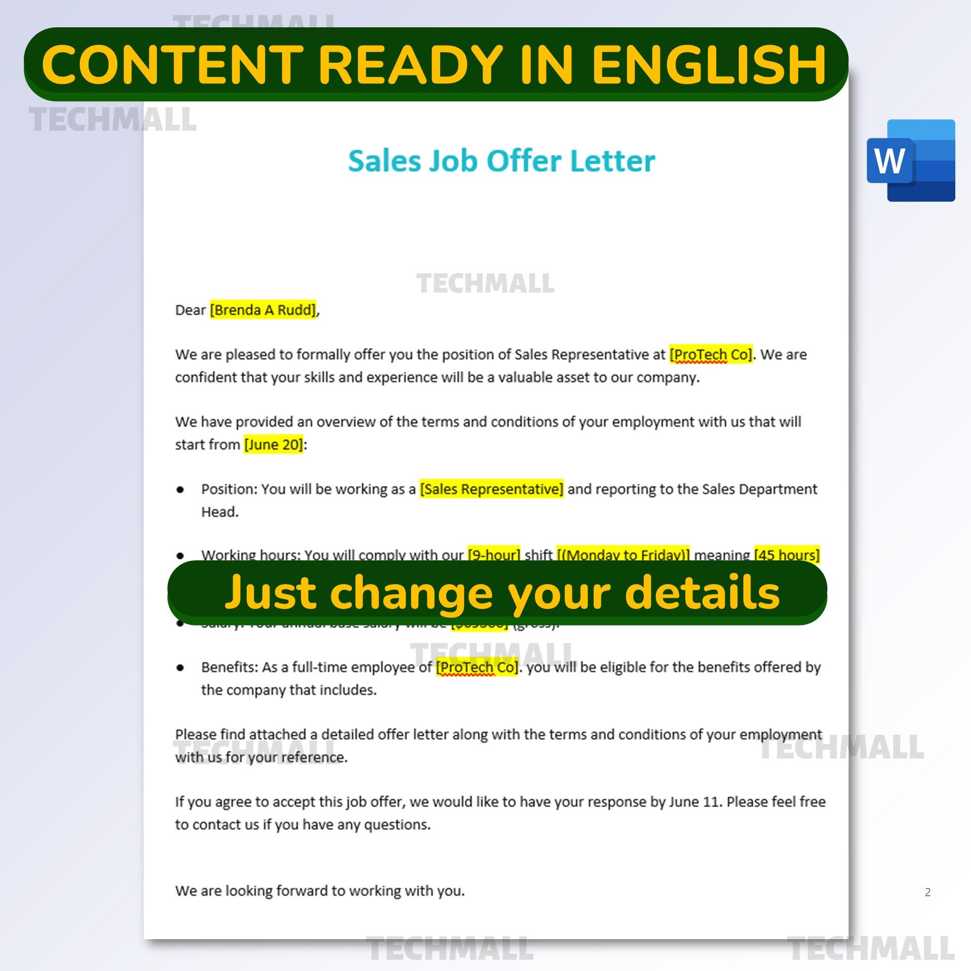 50 Offer Letter Microsoft Word Template Package - Ready-made English ...