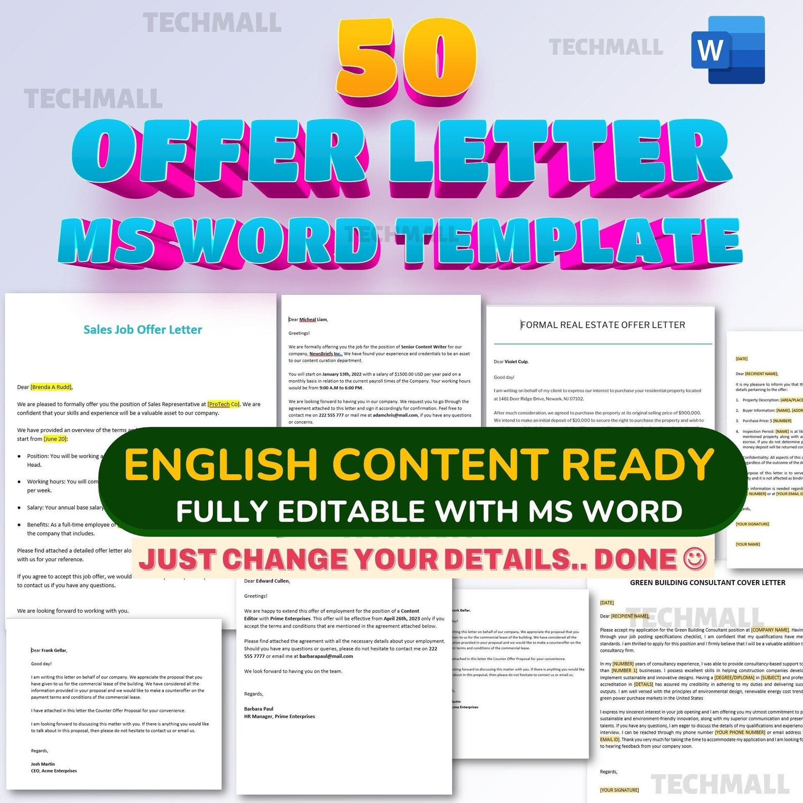 50 Offer Letter Microsoft Word Template Package - Ready-made English ...