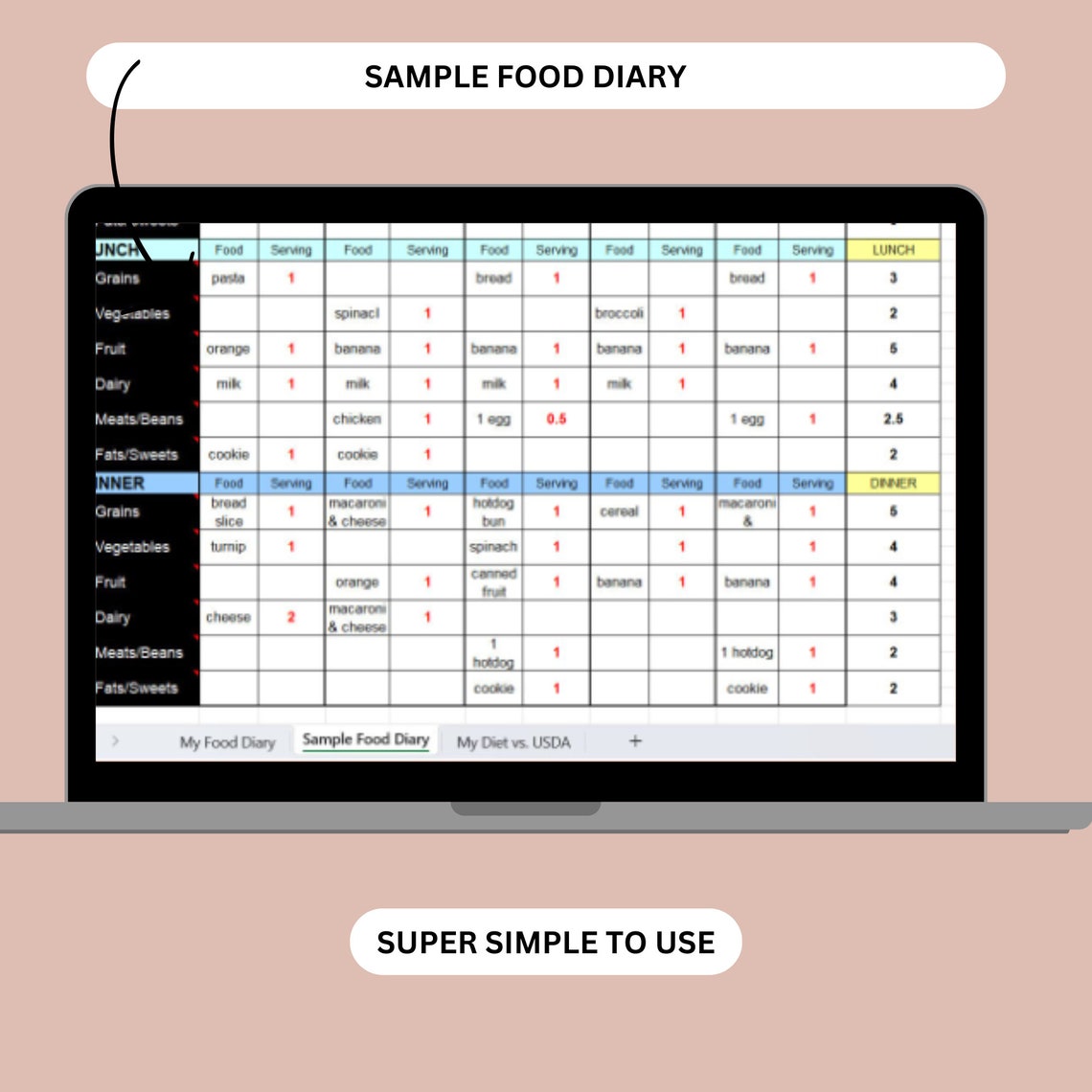 Nutrition Spreadsheet for Google Sheets, Food Group Diary Sheet, Excel ...