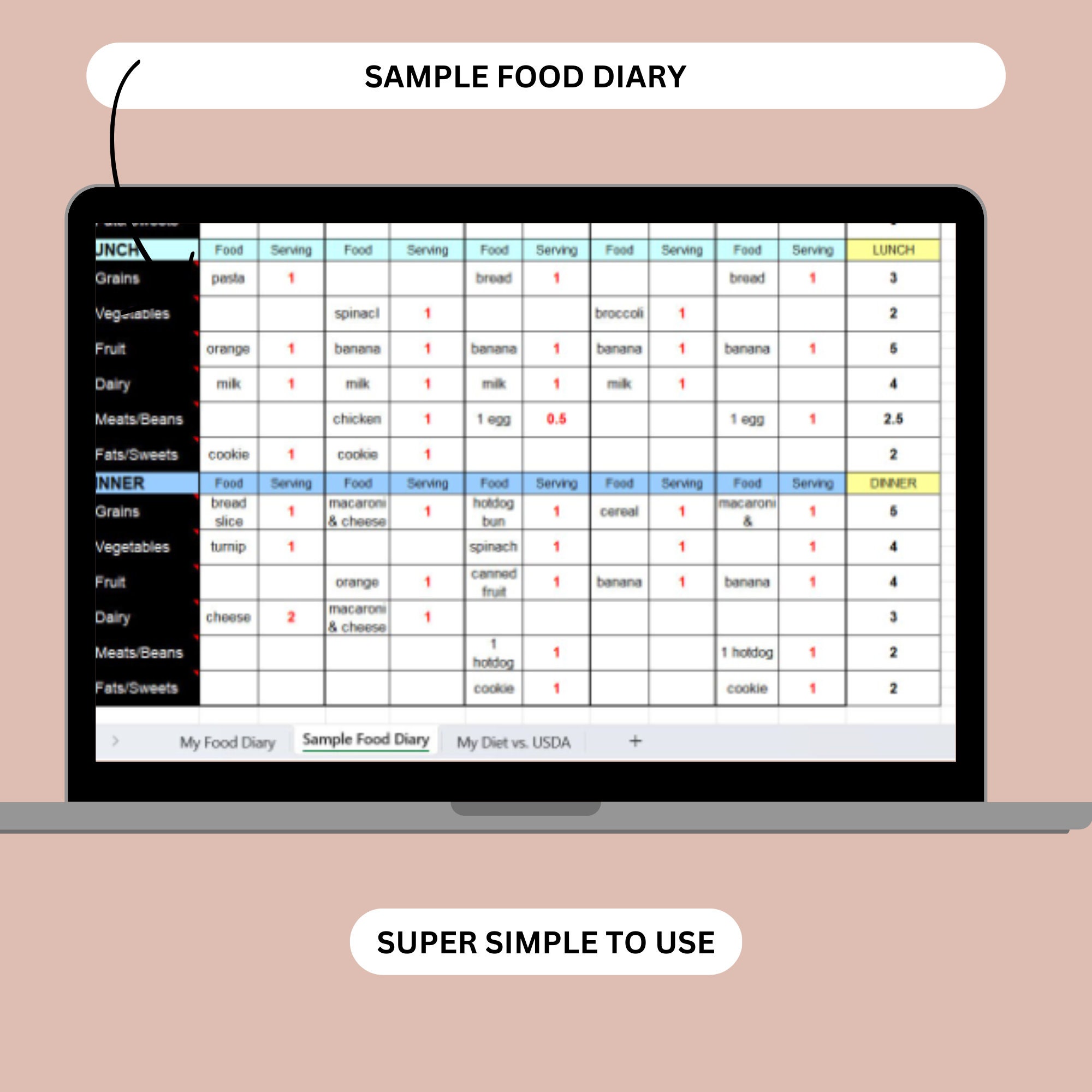 Nutrition Spreadsheet for Google Sheets, Food Group Diary Sheet, Excel ...
