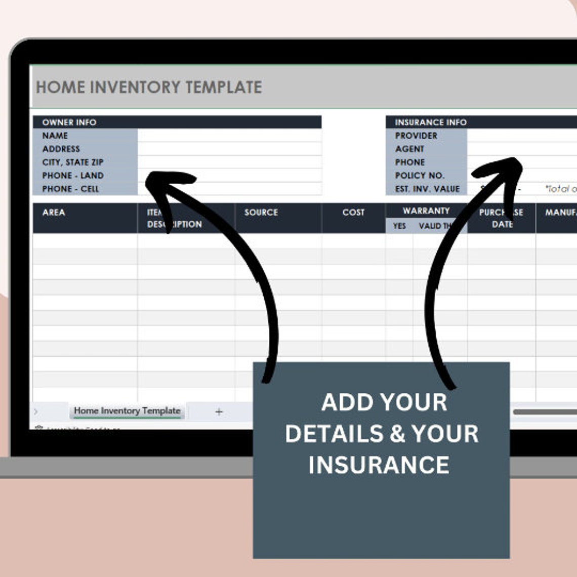 Home Inventory Tracker Spreadsheet for Google Sheets, Excel Digital ...