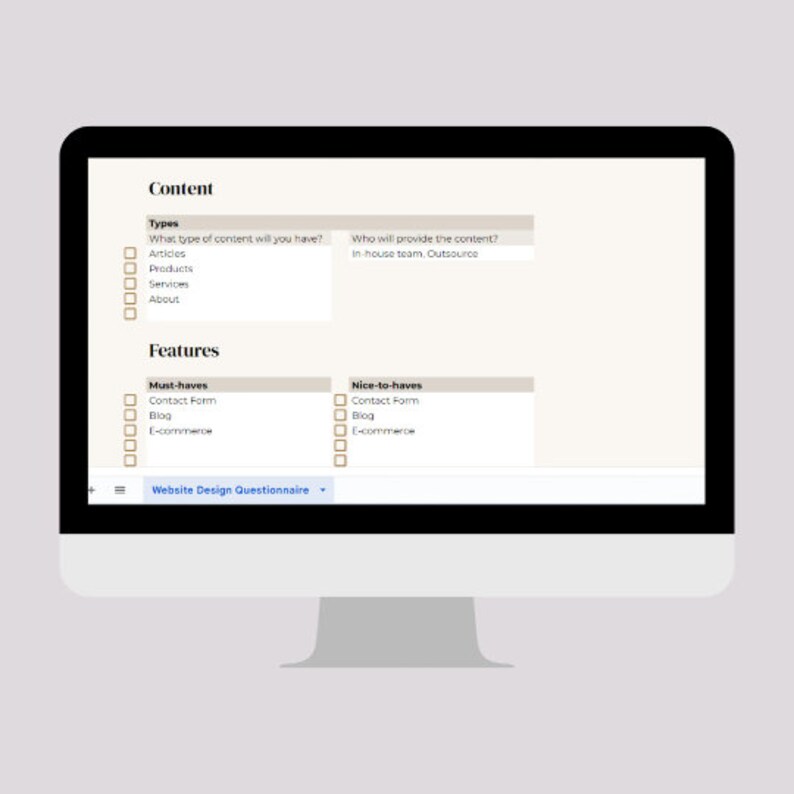 Website Design Questionnaire Template Google Spreadsheet Excel File ...