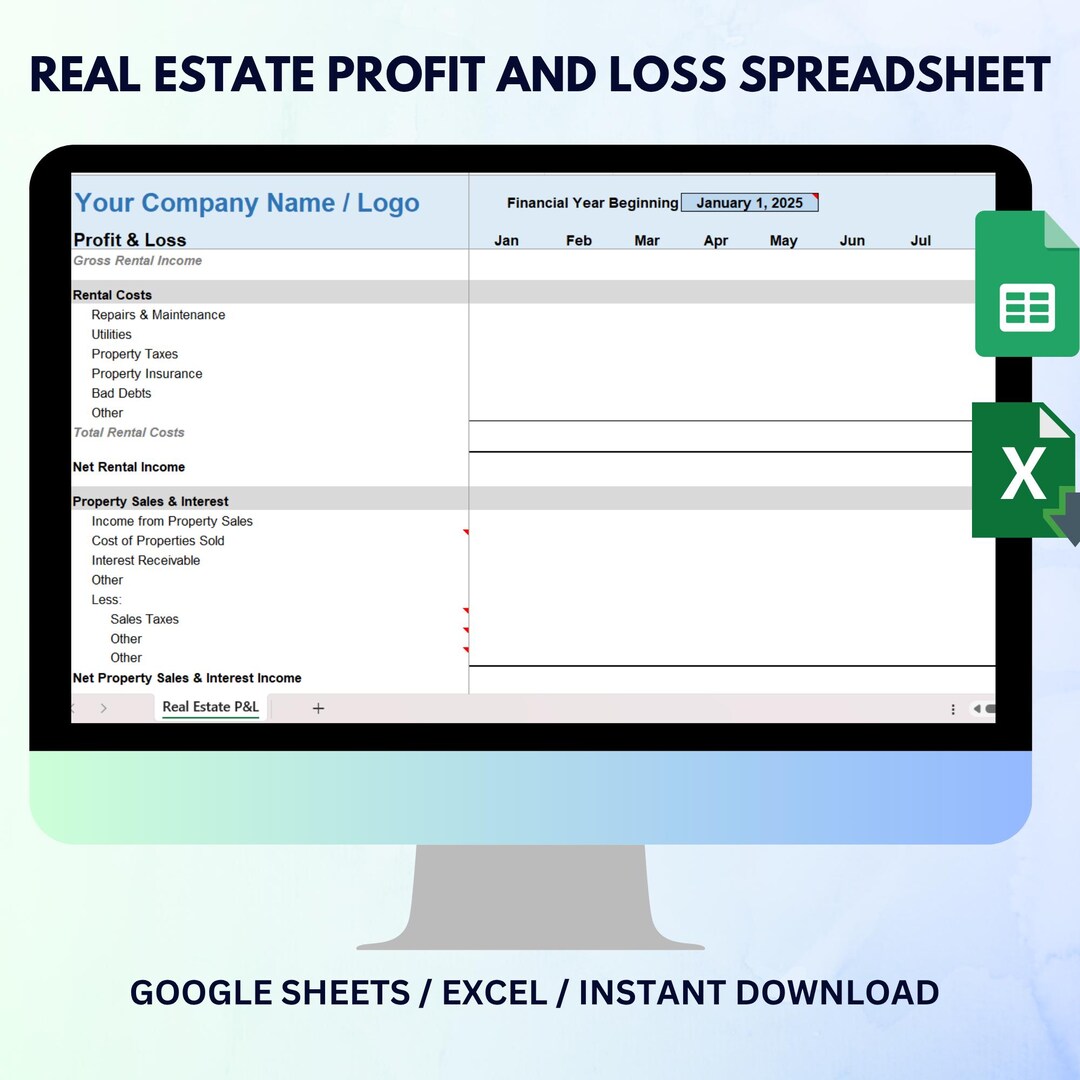 Real Estate Profit and Loss Spreadsheet Rental Property Income Expense ...