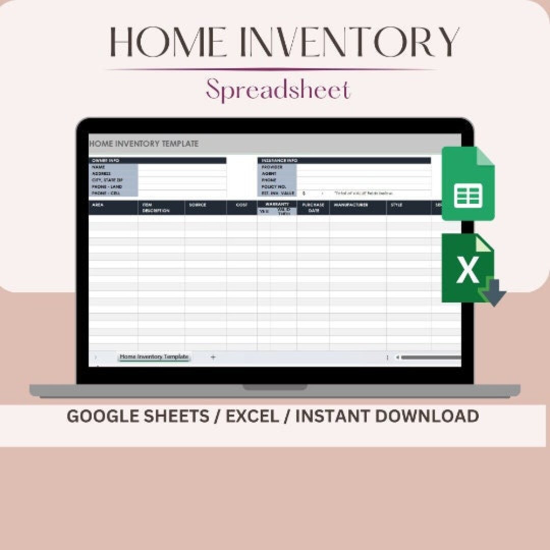 Home Inventory Tracker Spreadsheet for Google Sheets Excel Digital ...