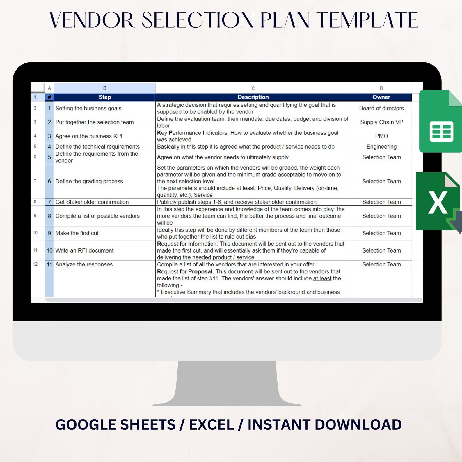 Vendor Selection Plan Excel Template Spreadsheet, Google Sheets ...