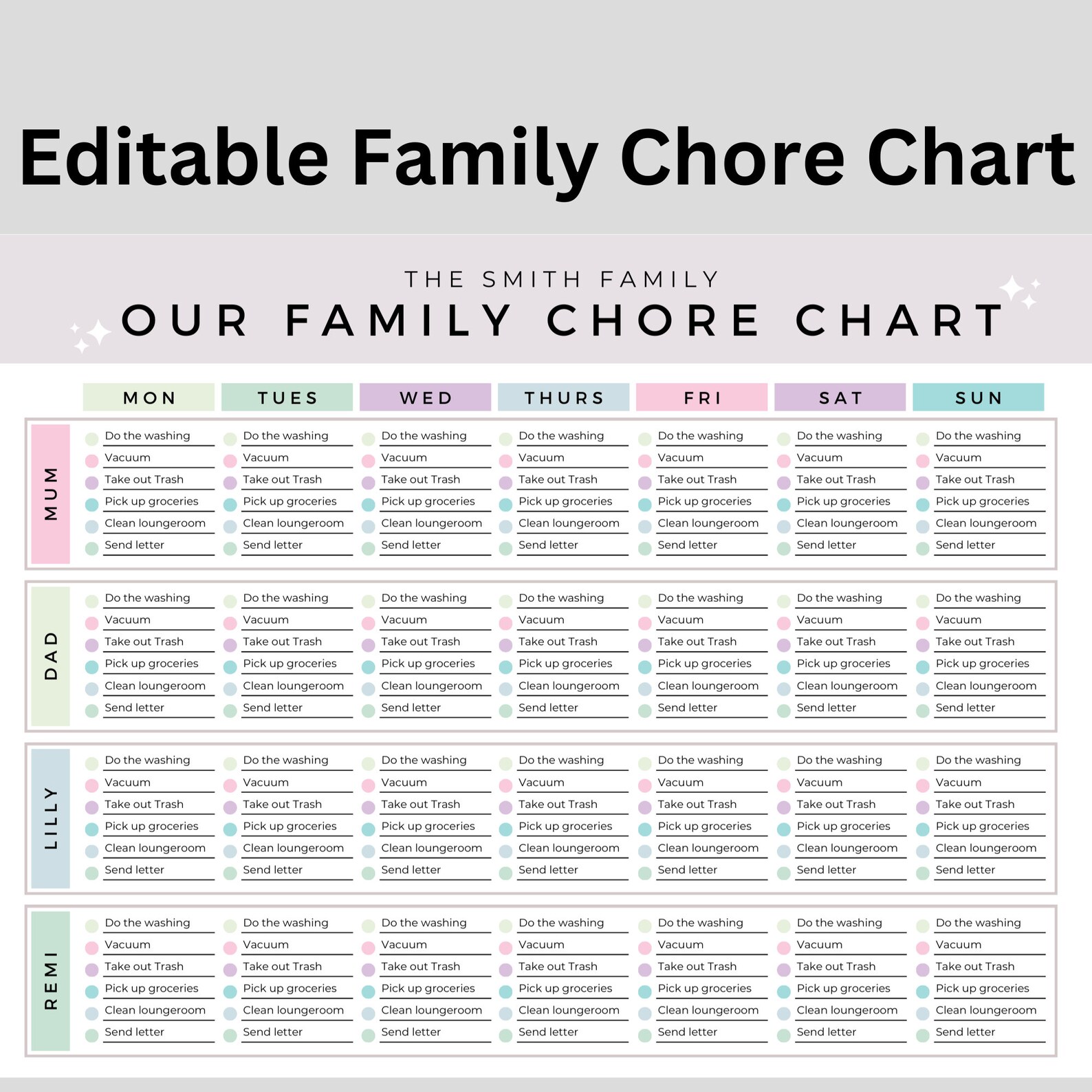 Editable Family Chore Chart, Edit in Canva Then Print, Use Over and ...