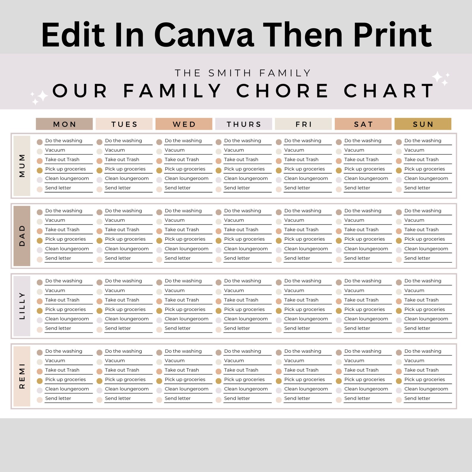 Editable Family Chore Chart, Edit in Canva Then Print, Use Over and ...