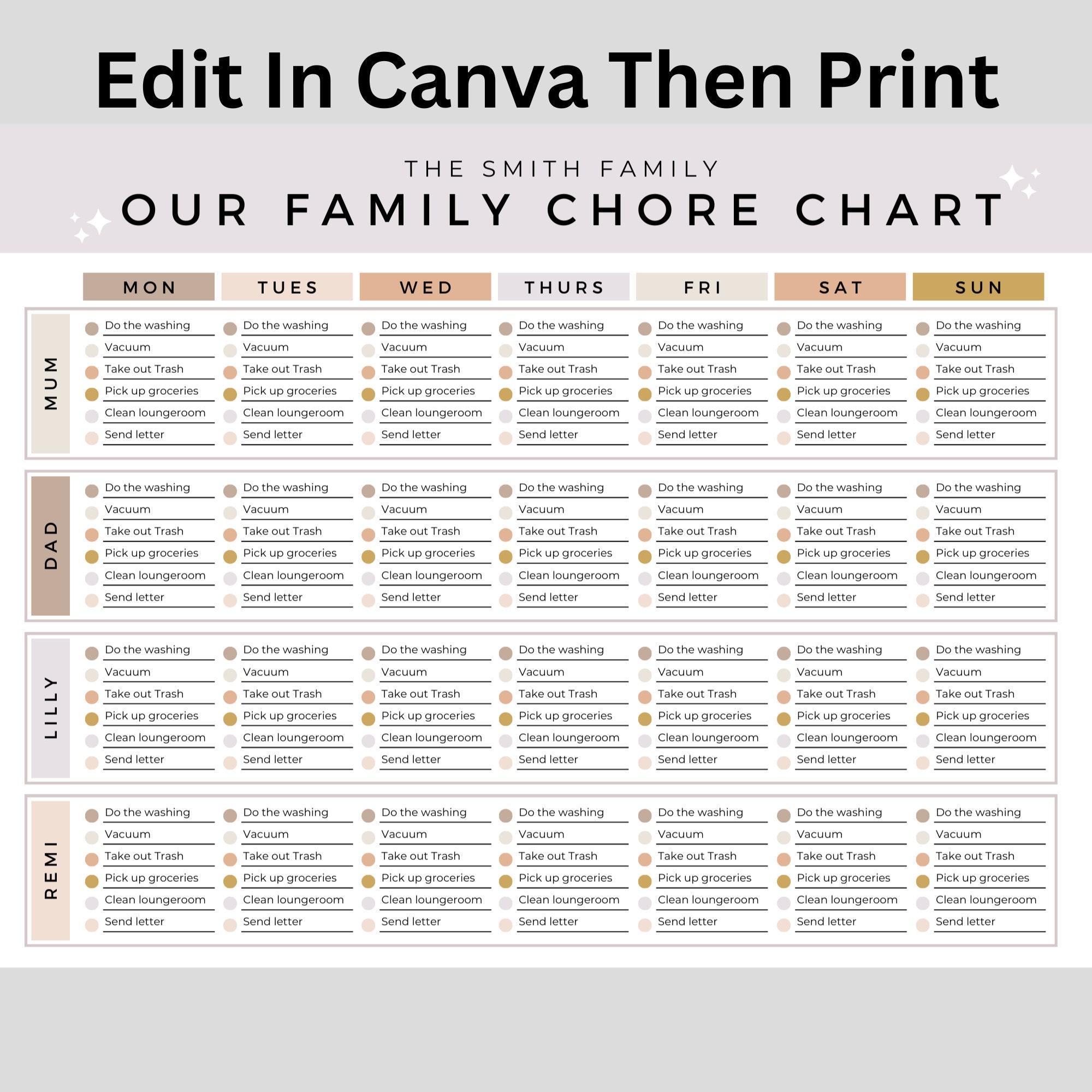 Editable Family Chore Chart, Edit in Canva Then Print, Use Over and ...