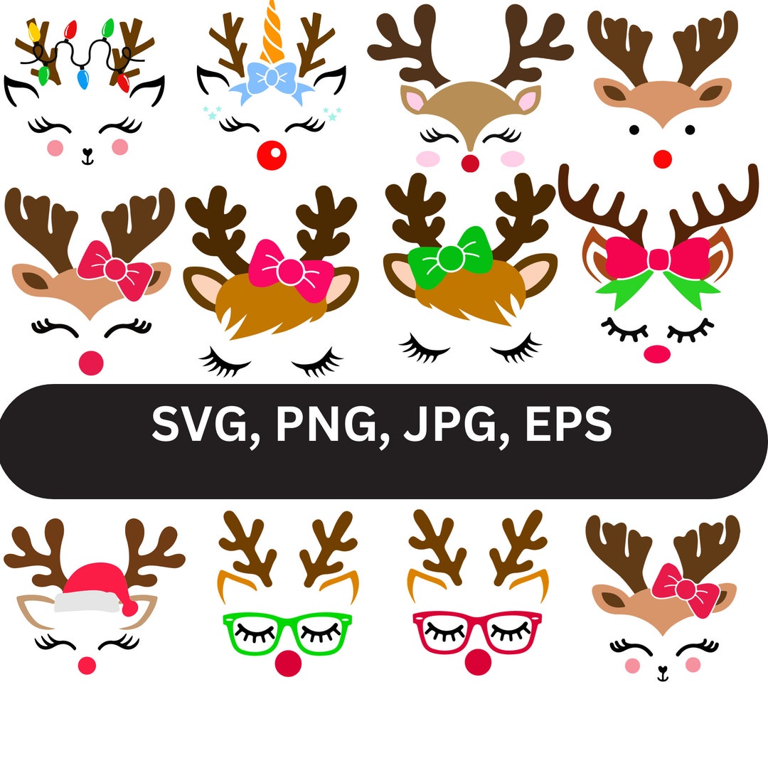 Christmas Reindeer Faces SVG, PNG Bundle, Cute Reindeer Face SVG ...