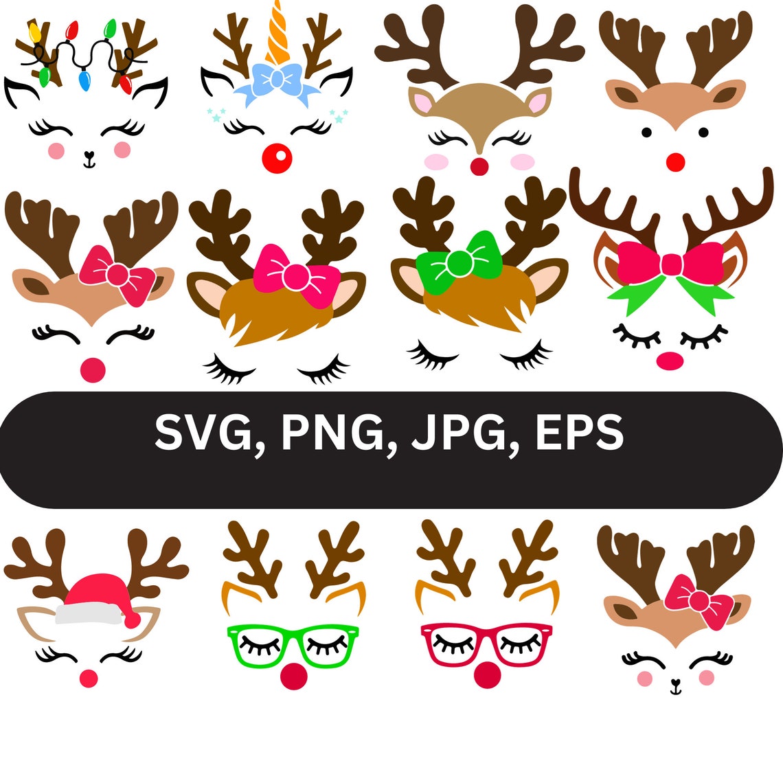 Christmas Reindeer Faces SVG, PNG Bundle, Cute Reindeer Face SVG ...