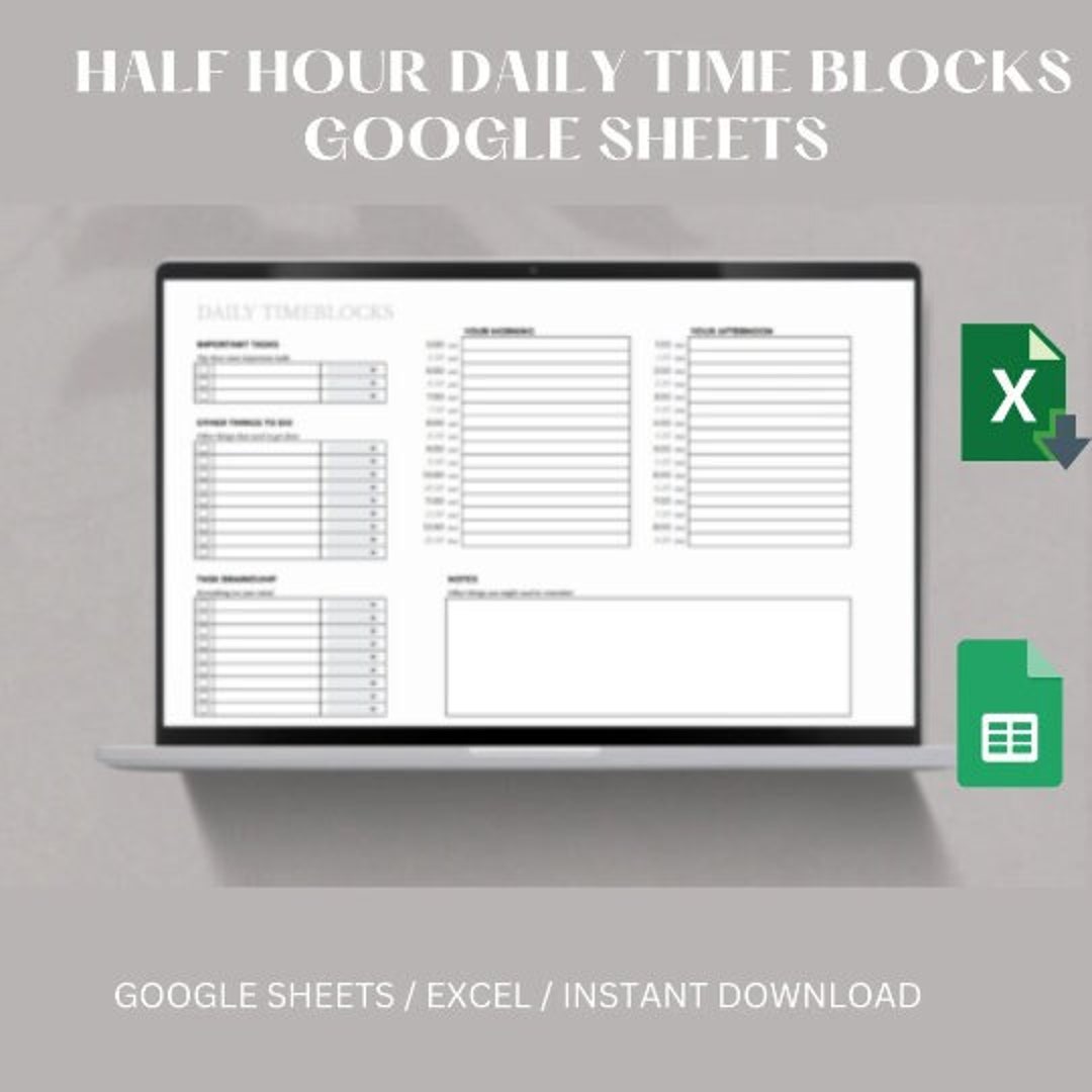 Efficient Daily Half Hourly Time Management Planner, Excel Spreadsheet ...