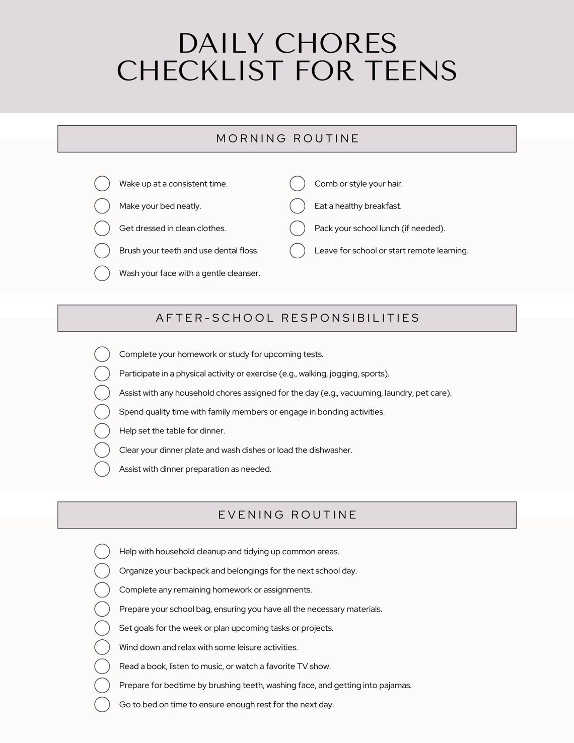 Editable Daily Teen Chore Checklist, Edit in Canva Then Print, Use Over ...