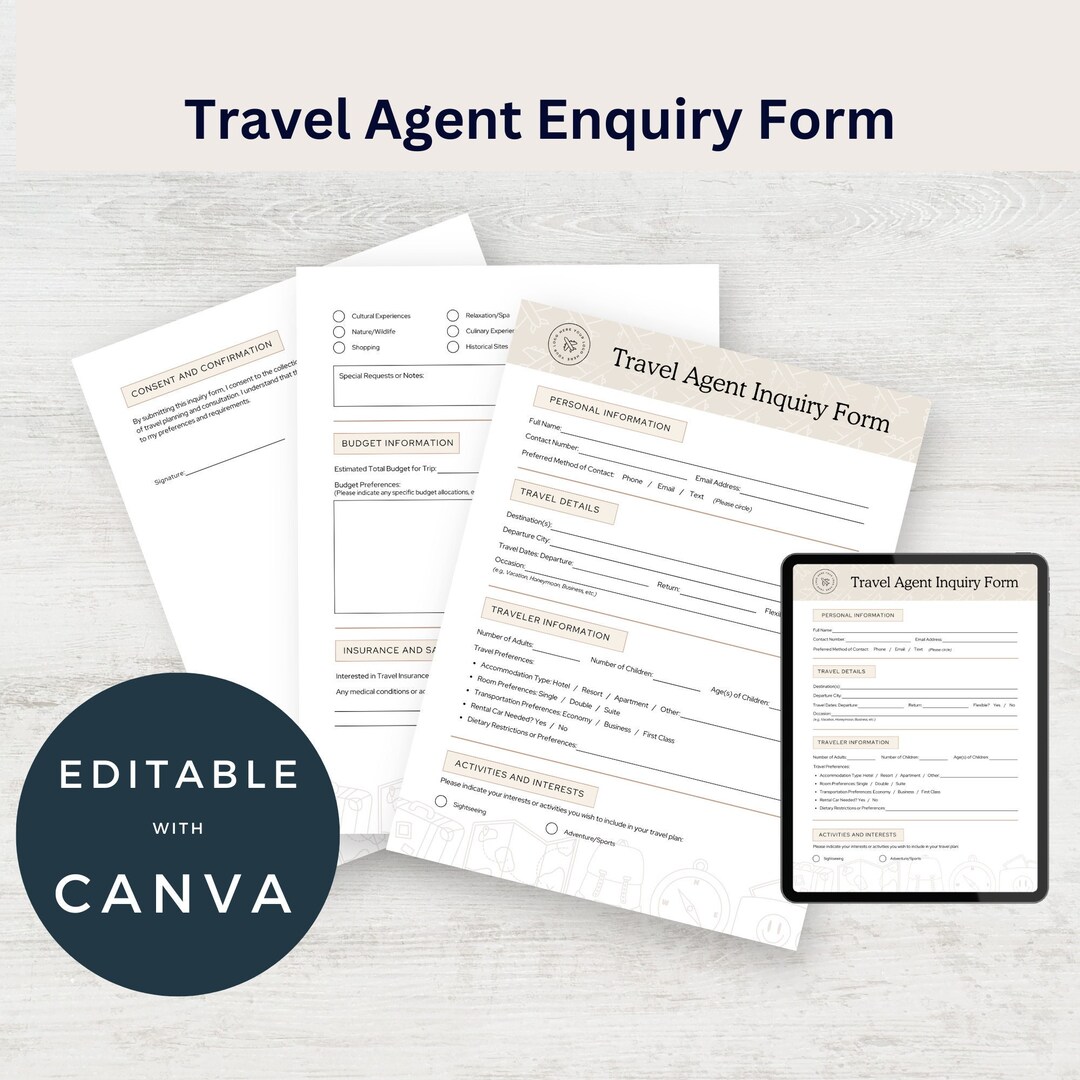 Customizable Three-page Travel Enquiry Form | Editable in Canva Instant ...
