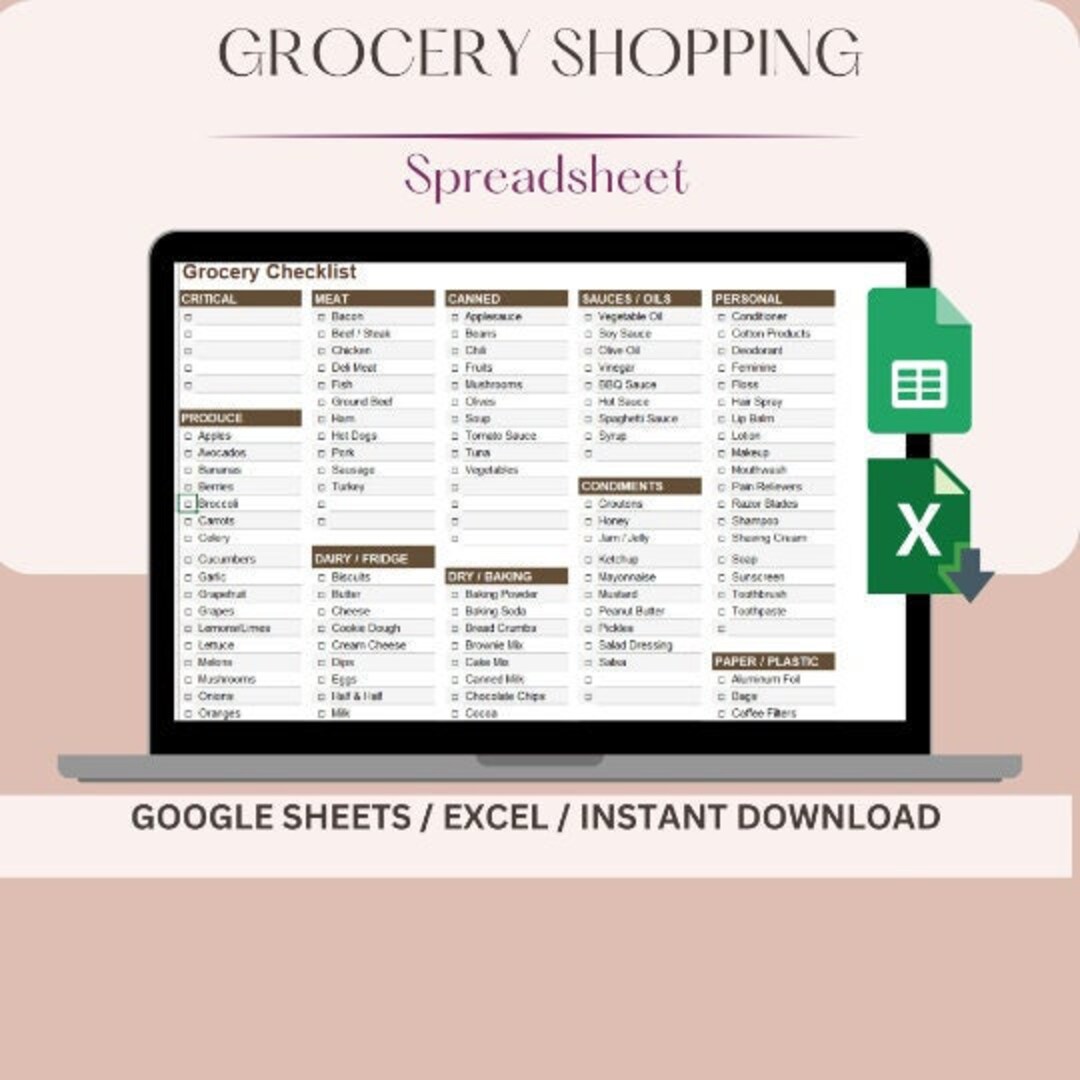 Grocery Shopping Spreadsheet for Google Sheets Excel Digital Download ...