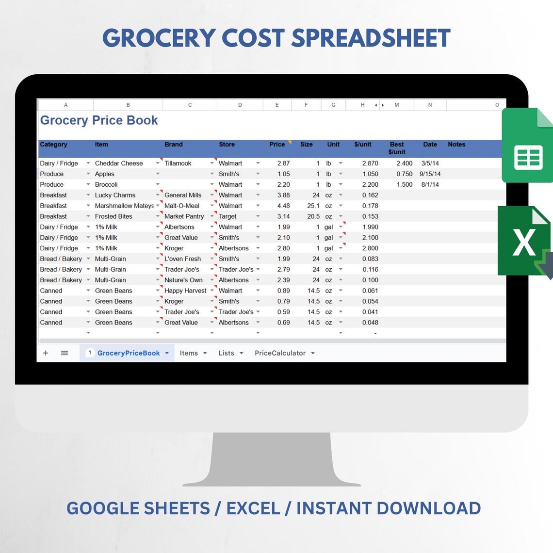 Grocery Cost Spreadsheet Template, Food Shopping Budget Excel ...