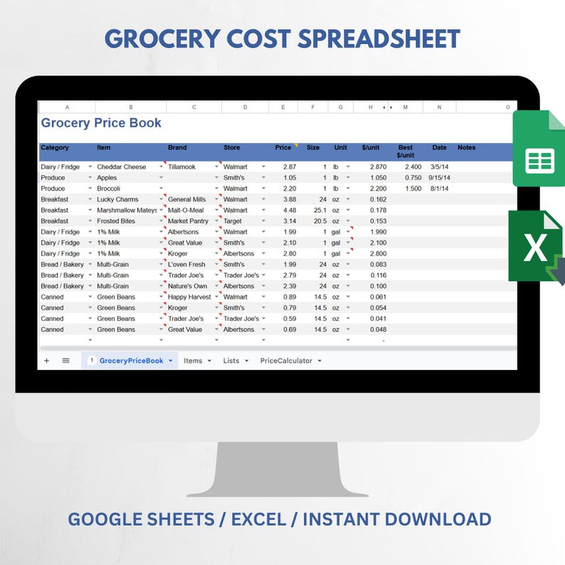 Grocery Cost Spreadsheet Template, Food Shopping Budget Excel ...