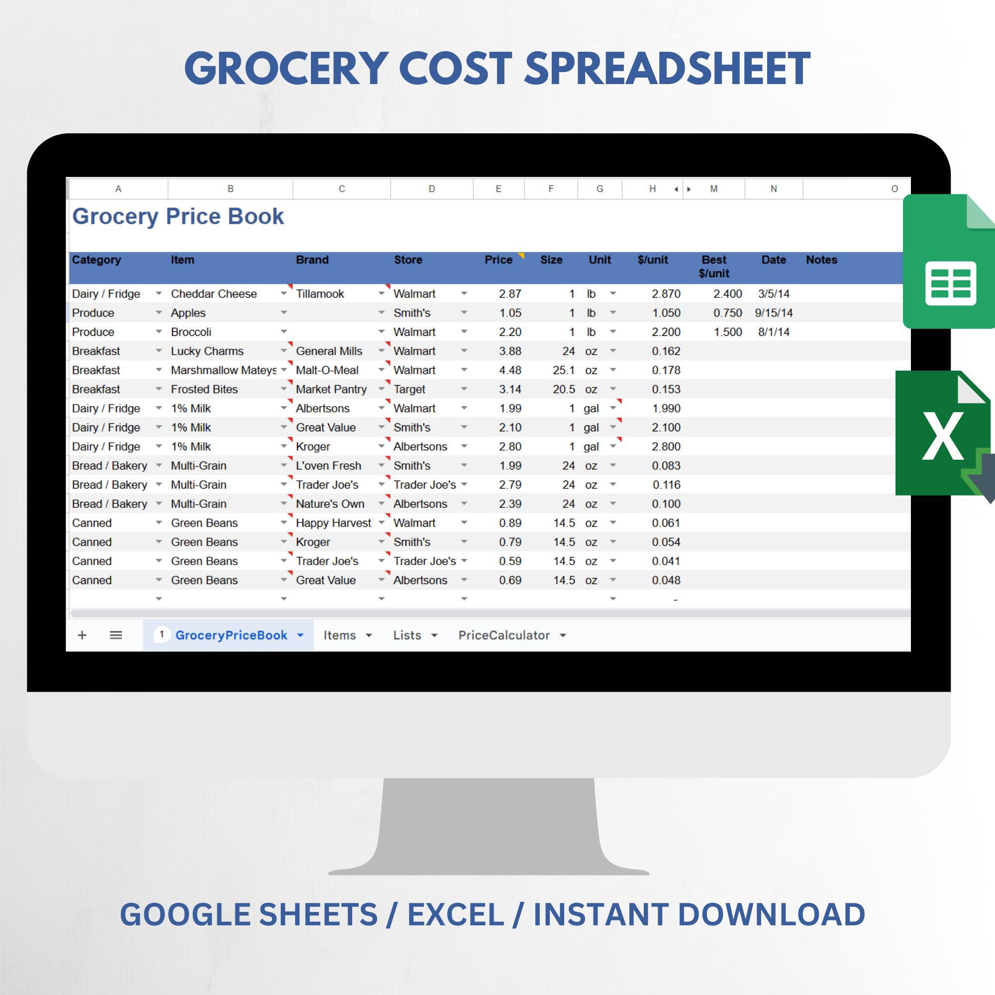 Grocery Cost Spreadsheet Template, Food Shopping Budget Excel ...