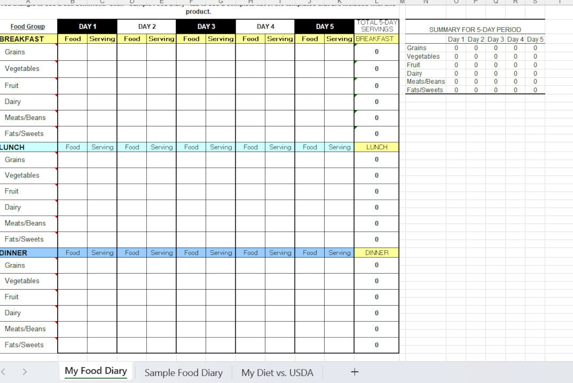 Nutrition Spreadsheet for Google Sheets, Food Group Diary Sheet, Excel ...