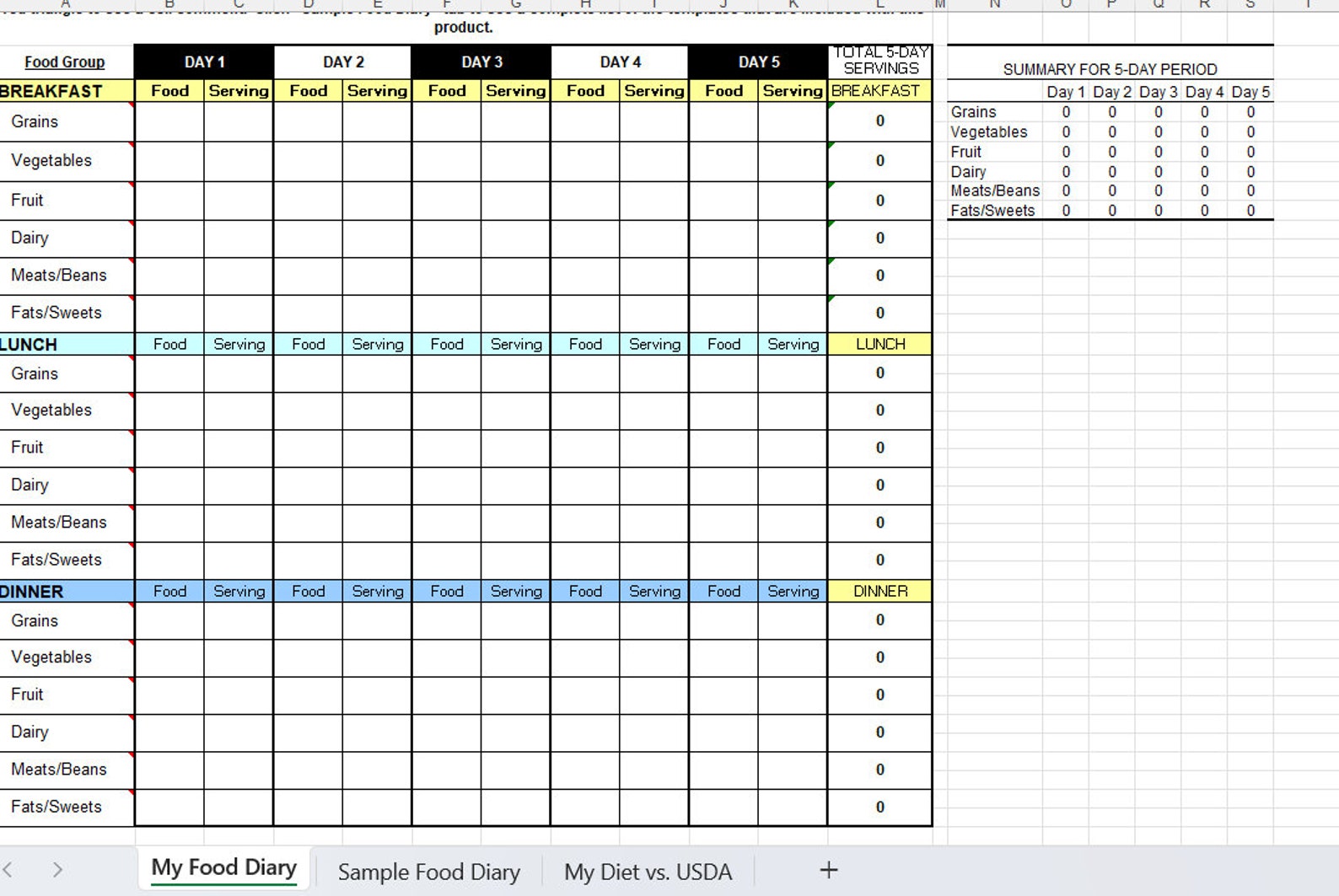 Nutrition Spreadsheet for Google Sheets, Food Group Diary Sheet, Excel ...