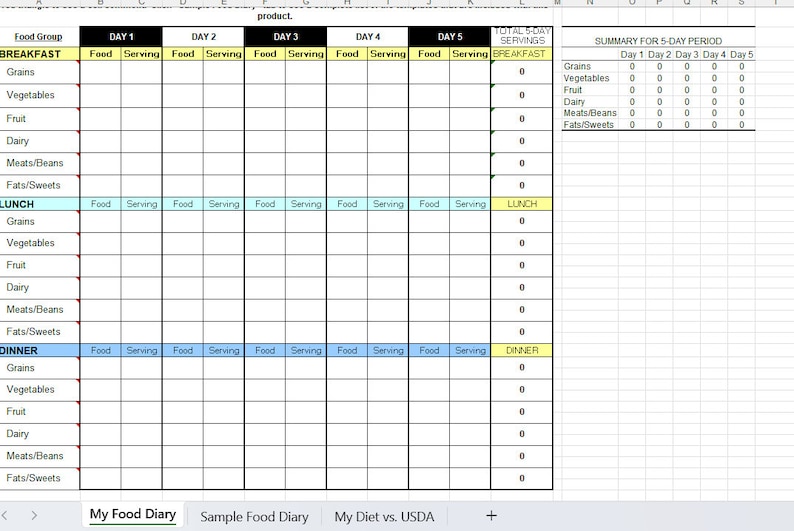 Nutrition Spreadsheet for Google Sheets, Food Group Diary Sheet, Excel ...