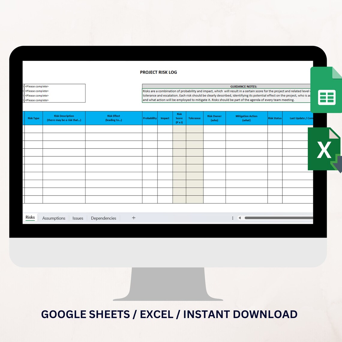 Raid Log Excel Template, Spreadsheet Tasks Management & Accountability | Google Sheets Tool ...