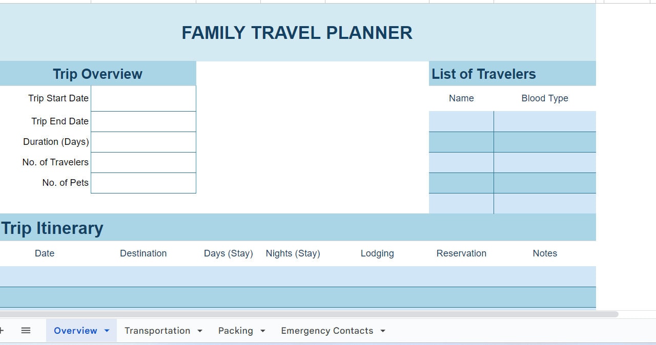 Family Vacation Itinerary Tracker Google Spreadsheet Excel File Travel ...