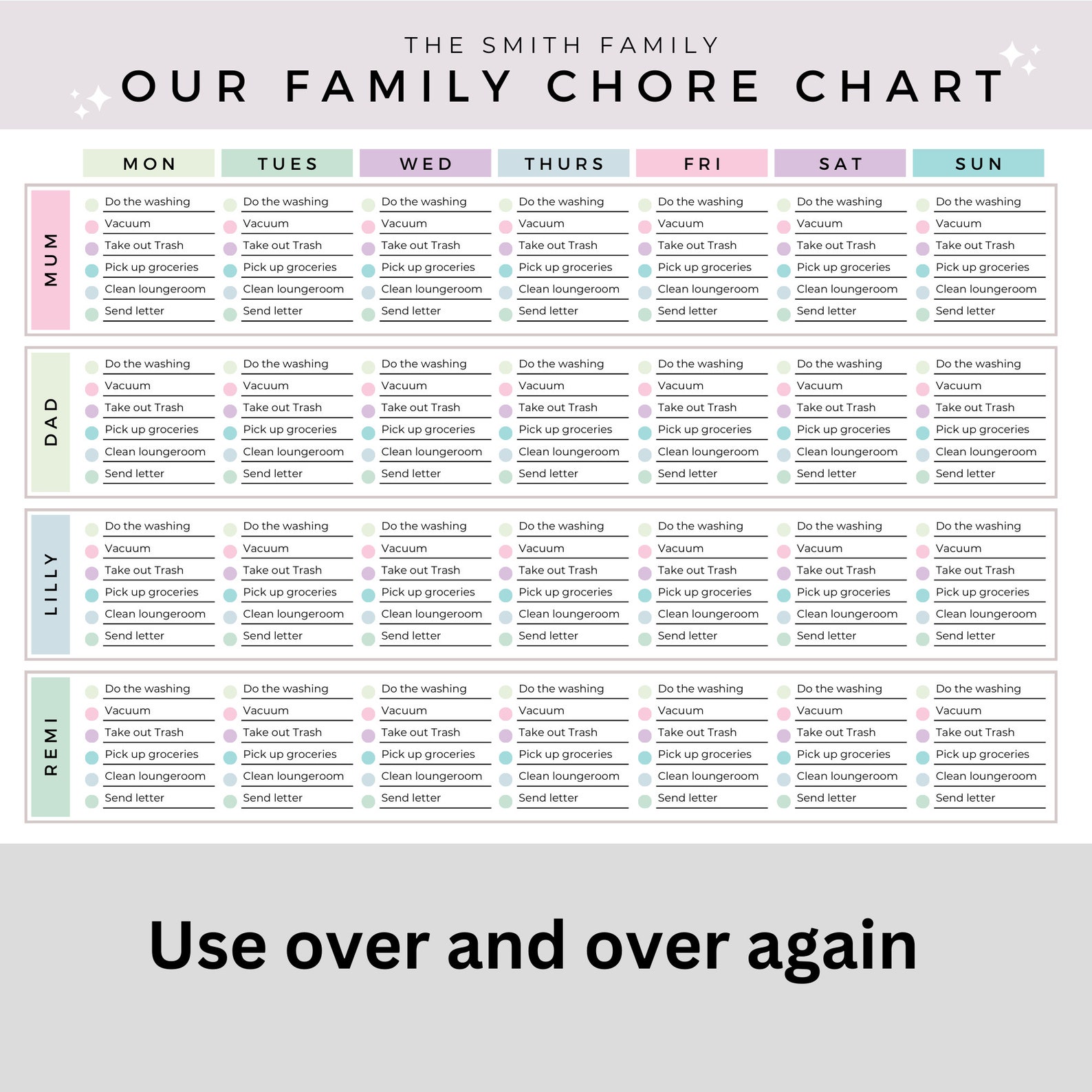 Editable Family Chore Chart, Edit in Canva Then Print, Use Over and ...
