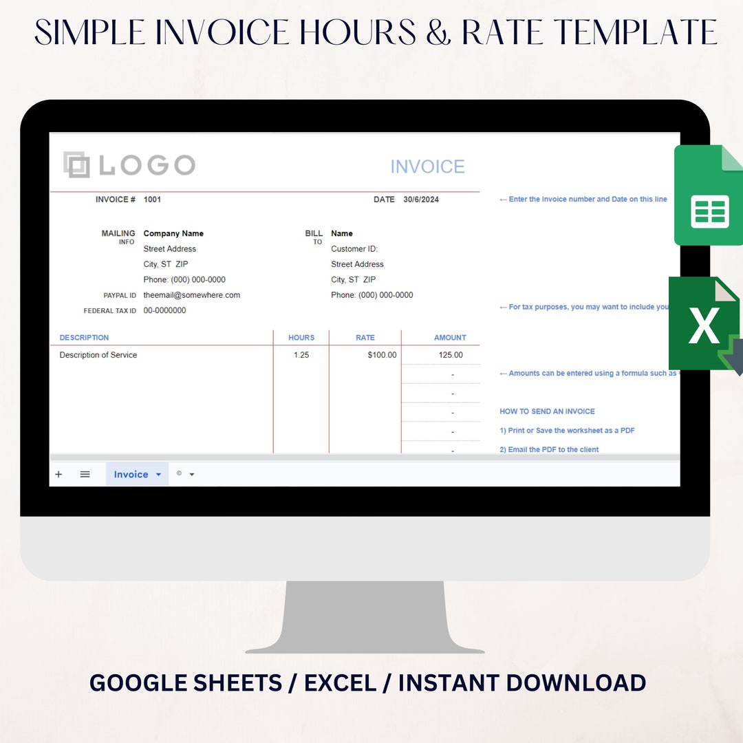 Super Easy Simple Editable Invoice Hours & Rate Spreadsheet Template ...