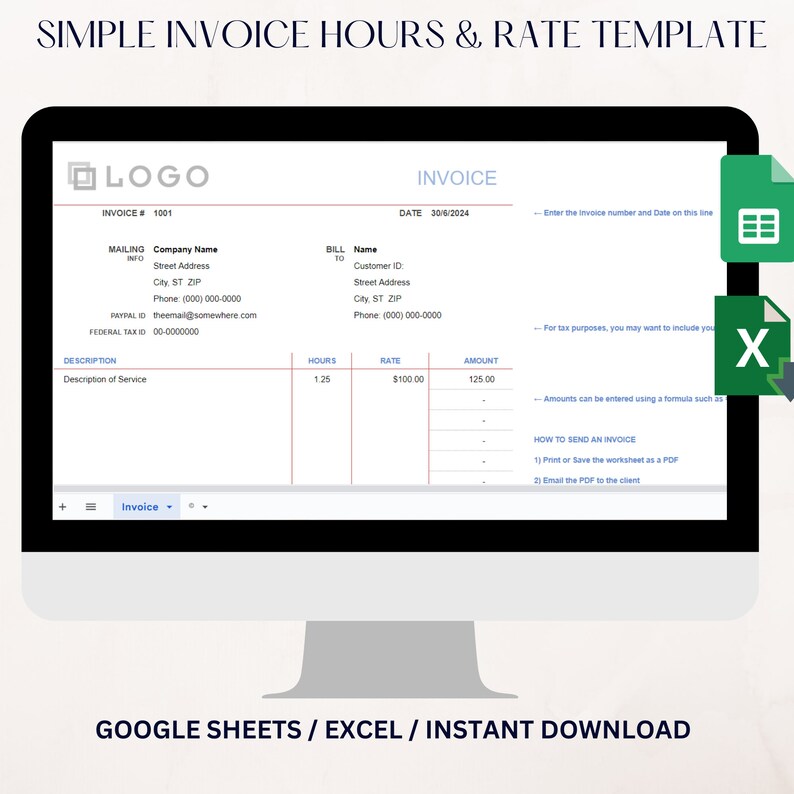 Super Easy Simple Editable Invoice Hours & Rate Spreadsheet Template ...