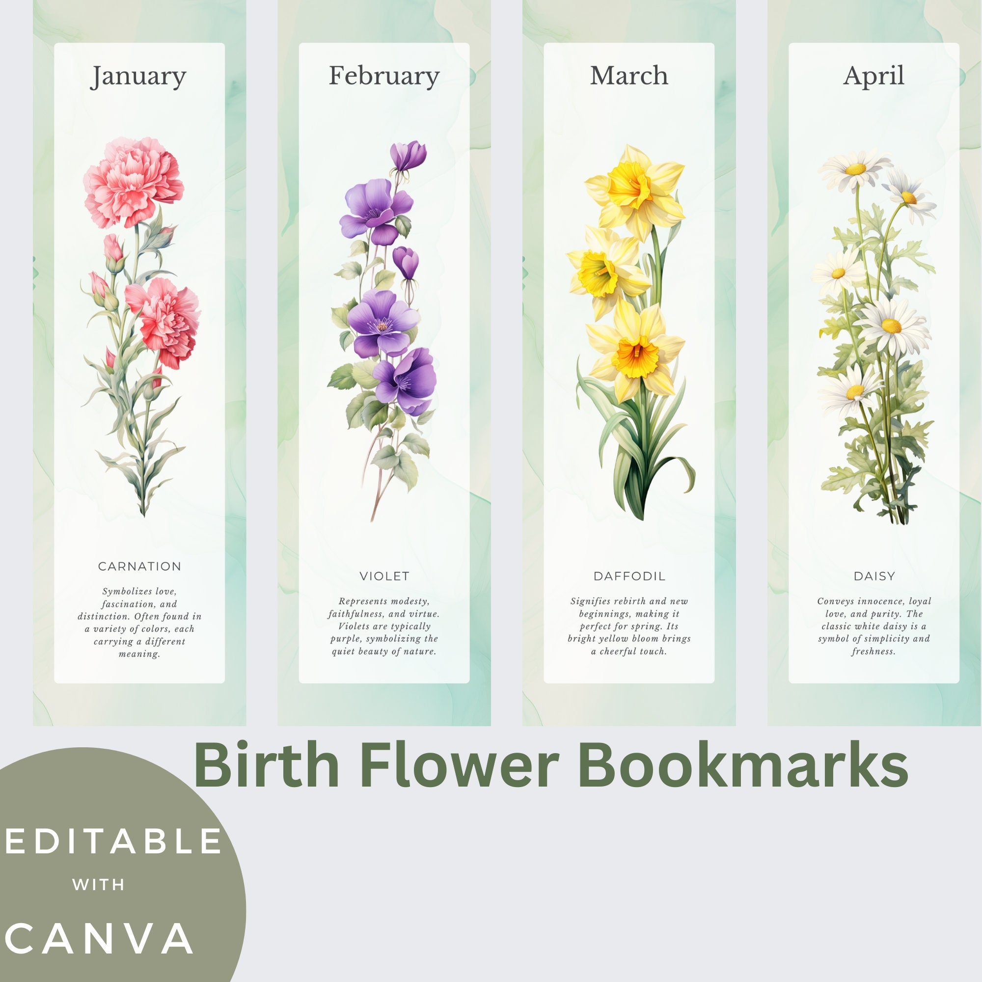 Printable Birth Flower Bookmarks, Edit in Canva, Instant Digital ...