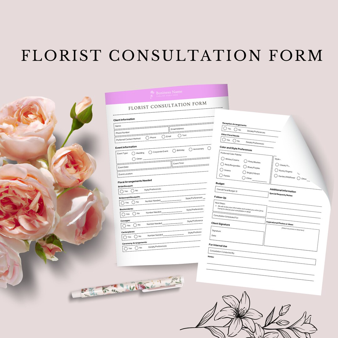Florist Consultation Form, Editable and Printable Template for Florist ...