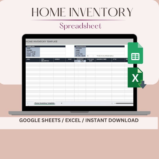 Home Inventory Tracker Spreadsheet for Google Sheets Excel Digital ...