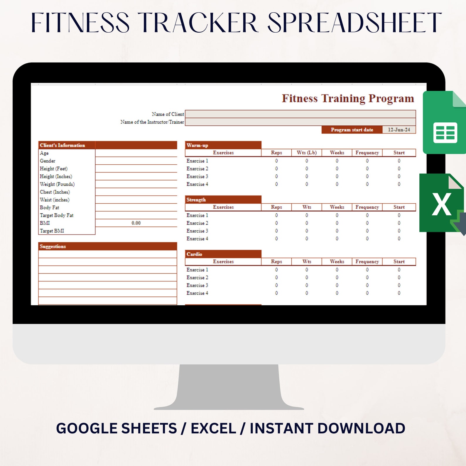 Fitness Tracker Spreadsheet Exercise Planner Personal Trainer Client ...