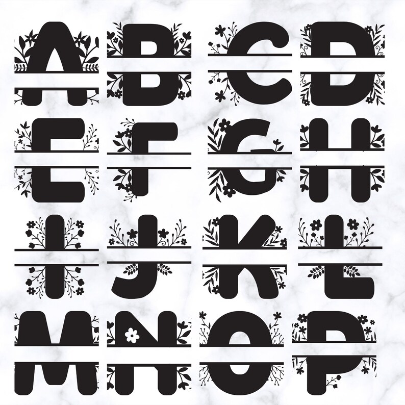 Floral Split Letter Alphabet PNG Bundle, Monogram PNG Sublimination ...