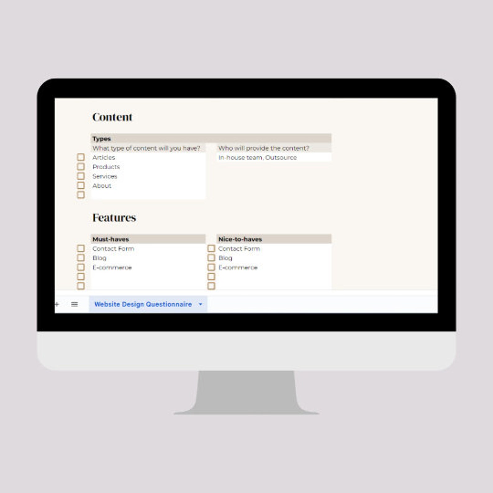 Website Design Questionnaire Template Google Spreadsheet Excel File ...