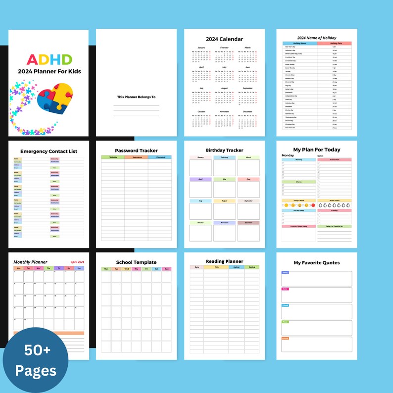 Printable 2024 Kids ADHD Planner, ADHD Student Planner, Kids Mental ...