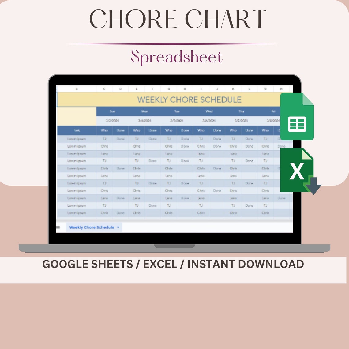 Editable Family Chore Chart Edit in Google Sheets Then Print Use Over ...