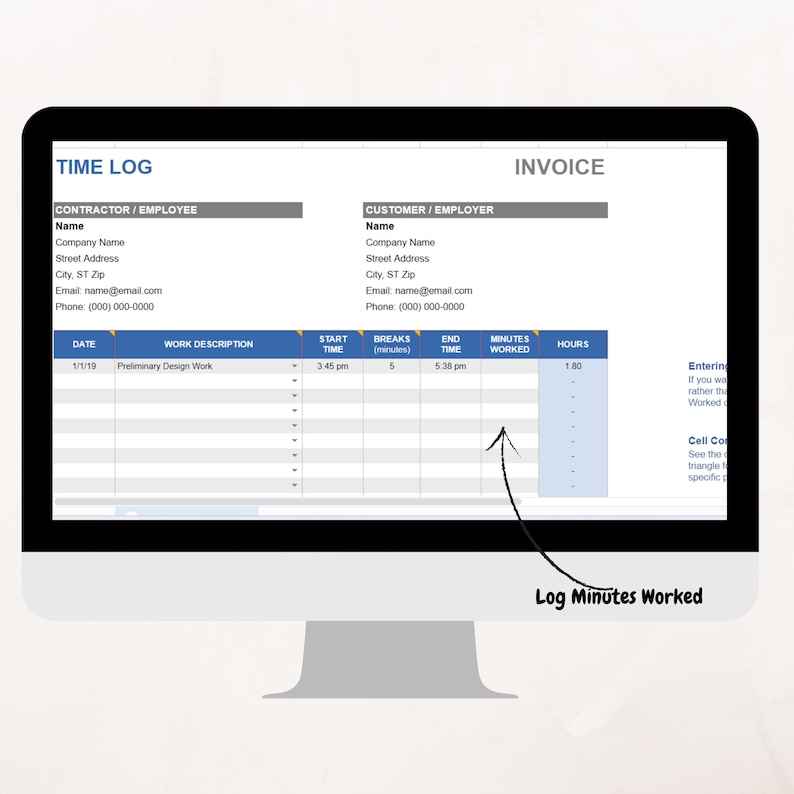 Hours Worked Simple Invoice Template for Freelancers, Editable Invoice ...