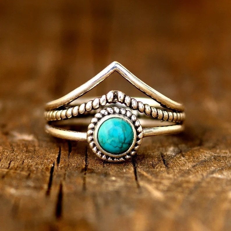 Chevron Turquoise Ring Three Band Ring thumb Ring Boho - Etsy
