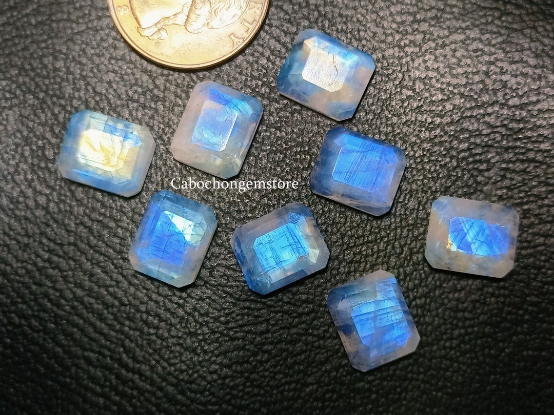 Baguette Shape~ Blue Fire Diamond Cut Rainbow Moonstone Both Side ...