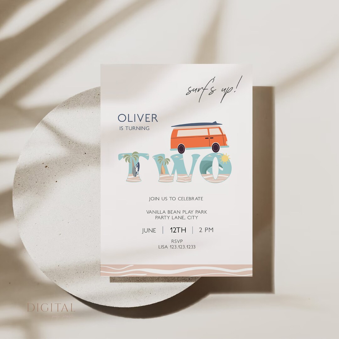 Surf Birthday Invitation, Modern Boy Retro Surfing Second Birthday ...